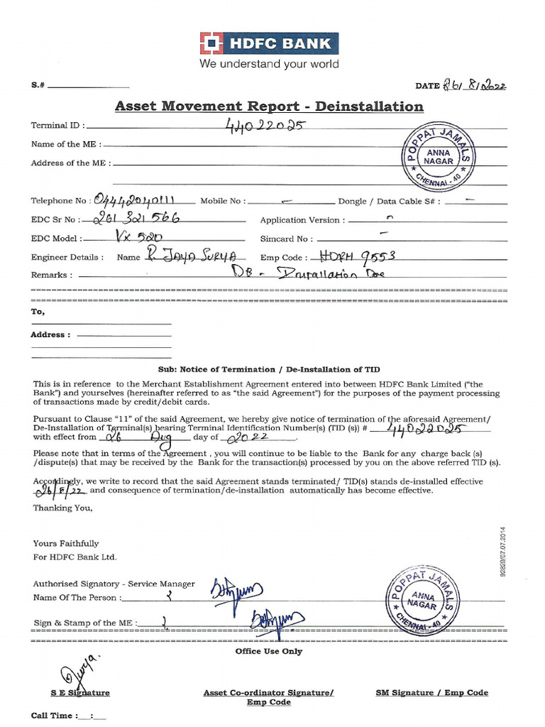 HDFC Machine Handover Form | PDF