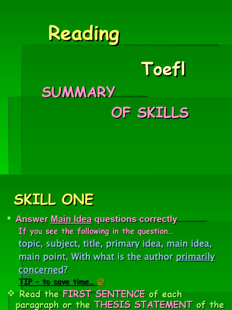 TOEFL Reading Skills Guide | PDF | Adjective | Idea