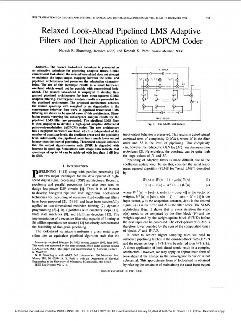 Relaxed Look-Ahead Pipelined LMS Adaptive Filters and Their Application To ADPCM Coder | PDF ...