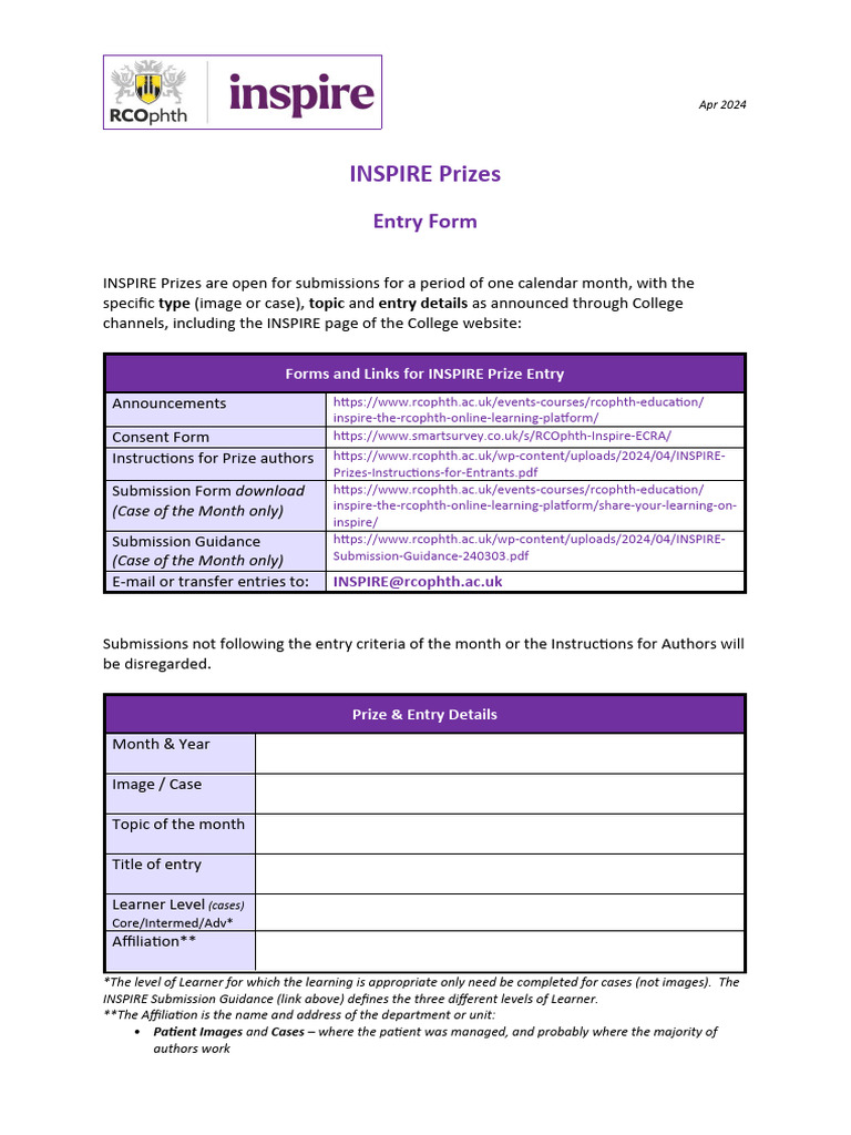 INSPIRE Prizes Entry Form 2024 | PDF | Learning