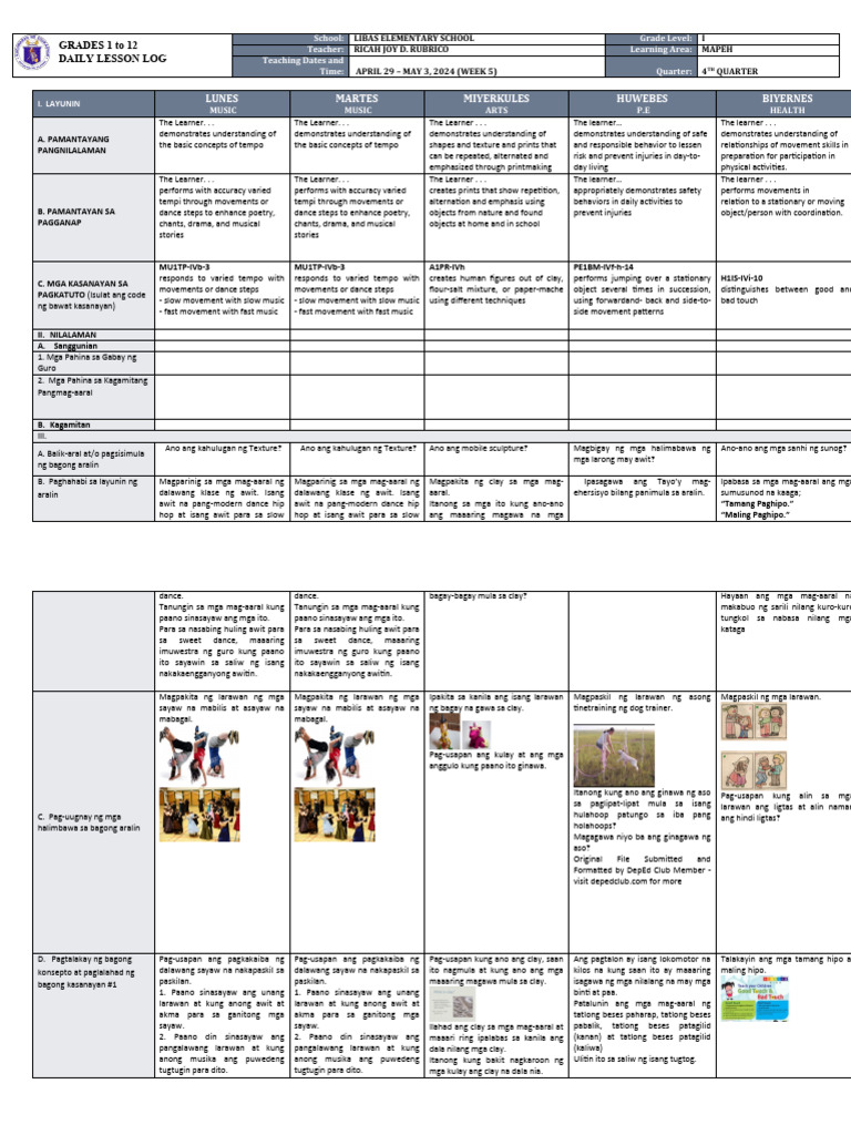 DLL - Mapeh 1 - Q4 - W5 | PDF