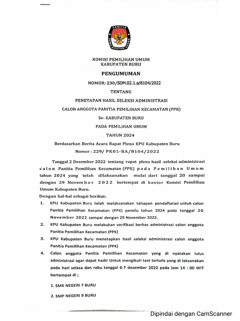 Penetapan Hasil Seleksi Administrasi Calon Anggota Panitia Kecamatan ...