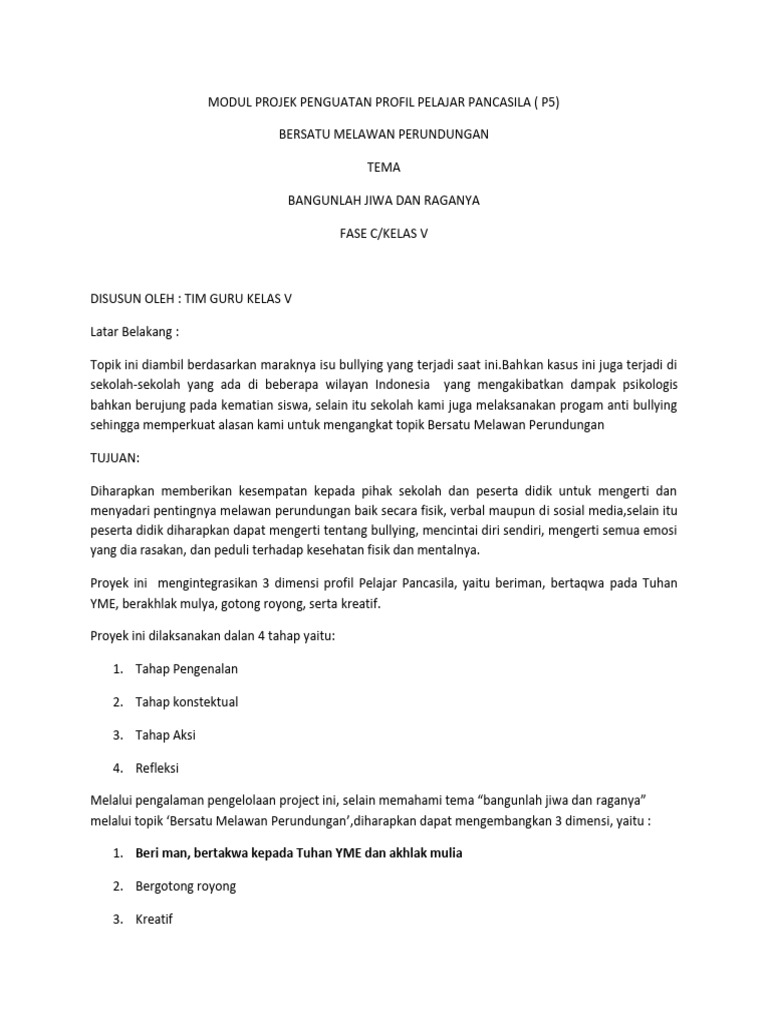 MODUL PROJEK PENGUATAN PROFIL PELAJAR PANCASILA Kelas 5 | PDF ...