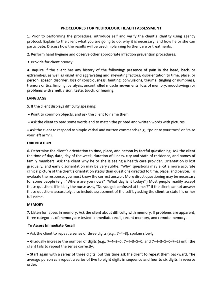 Procedures For Neurologic Health Assessment | PDF | Balance (Ability ...