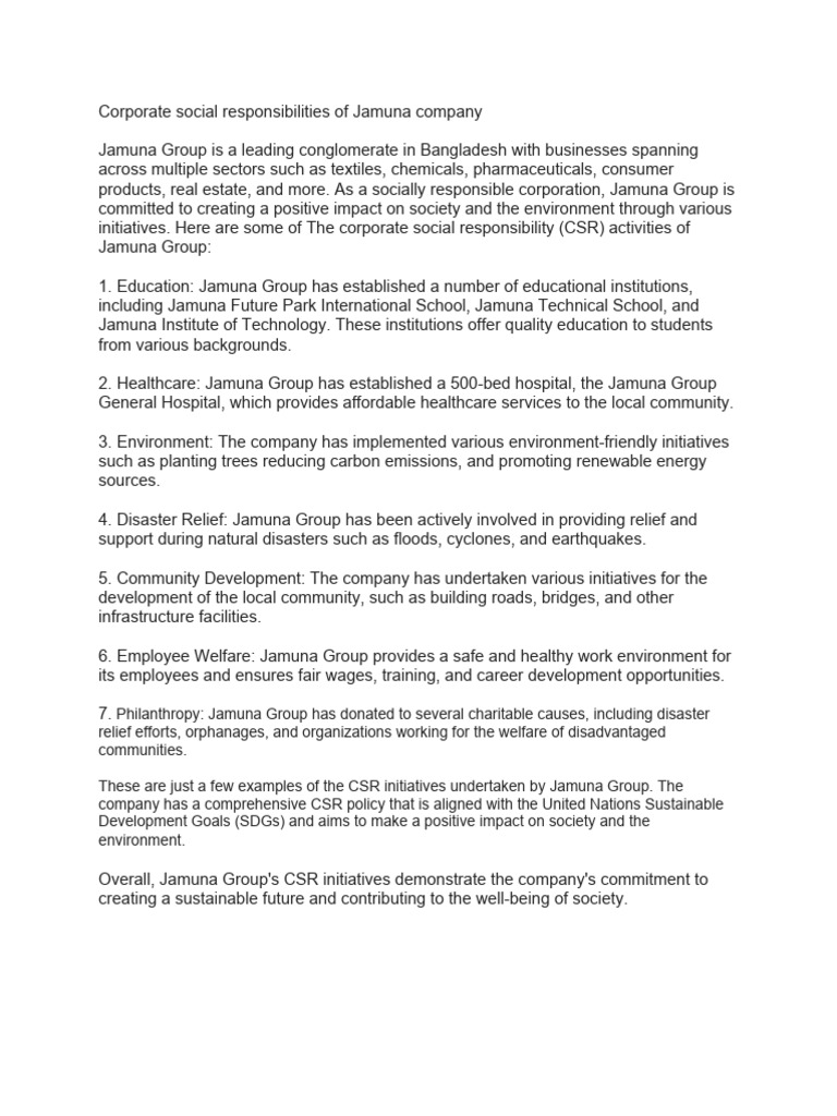 Corporate Social Responsibilities of Jamuna Company | PDF | Finance & Money Management | Social ...