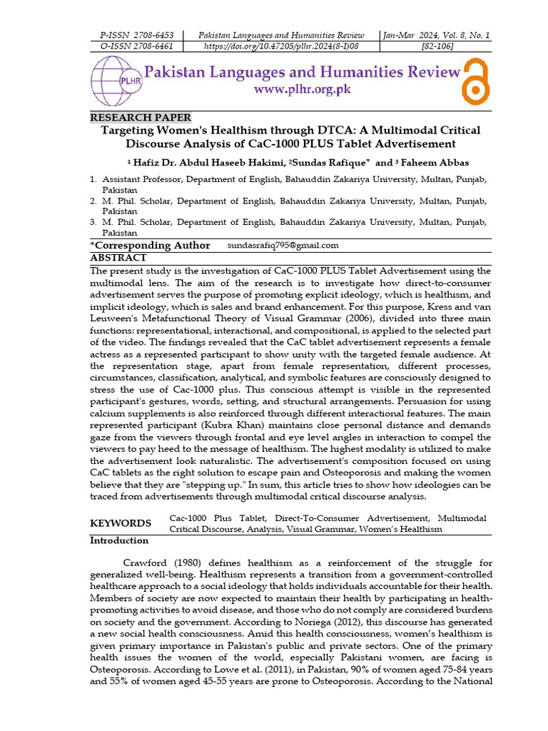 Targeting Women'S Healthism Through Dtca: A Multimodal Critical Discourse Analysis of Cac-1000 ...