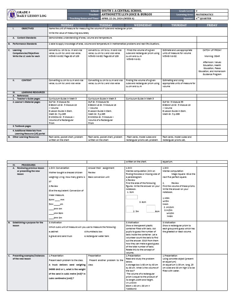 DLL - Mathematics 5 - Q4 - W4 | PDF | Volume
