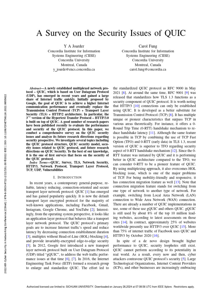 QUIC Protocol Security Issues Survey | PDF | Transmission Control ...