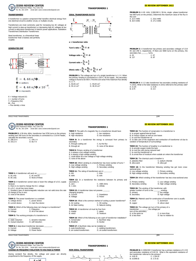 Single Phase Transformer Review Guide | PDF | Transformer | Physical ...