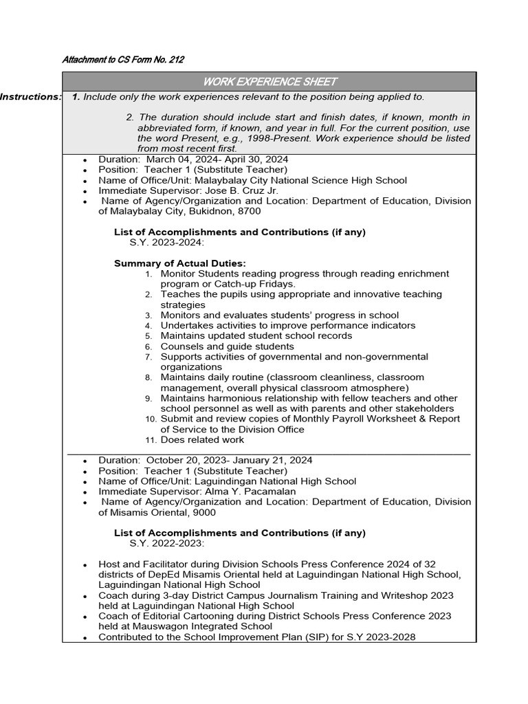2023 Work Experience Attachment CS Form No. 212 1 | Download Free PDF ...