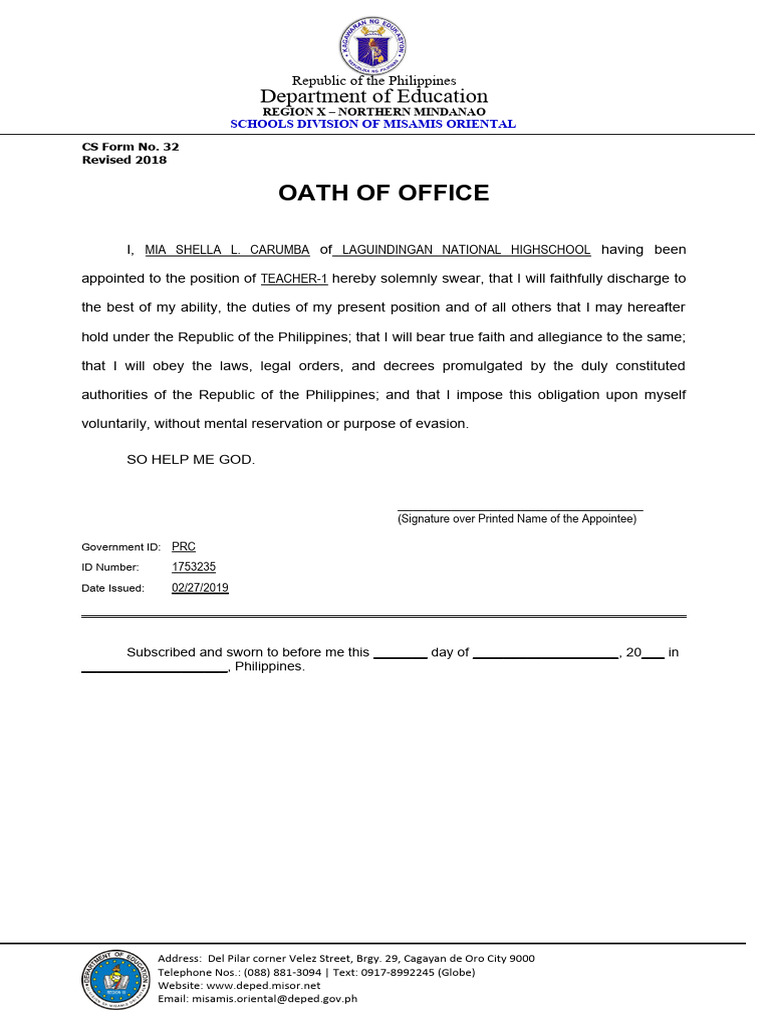 DepEd Oath of Office Sample 2018 | PDF