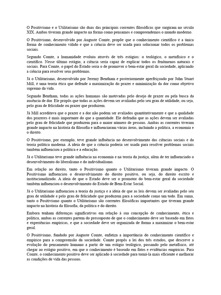 Resumo do Positivismo e Utilitarismo | PDF | Utilitarismo | Positivismo