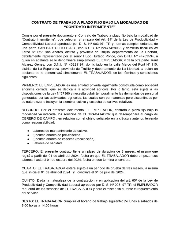 Contrato de Trabajo a Plazo Fijo Bajo La Modalidad de “Contrato Intermitente” (1) | PDF ...