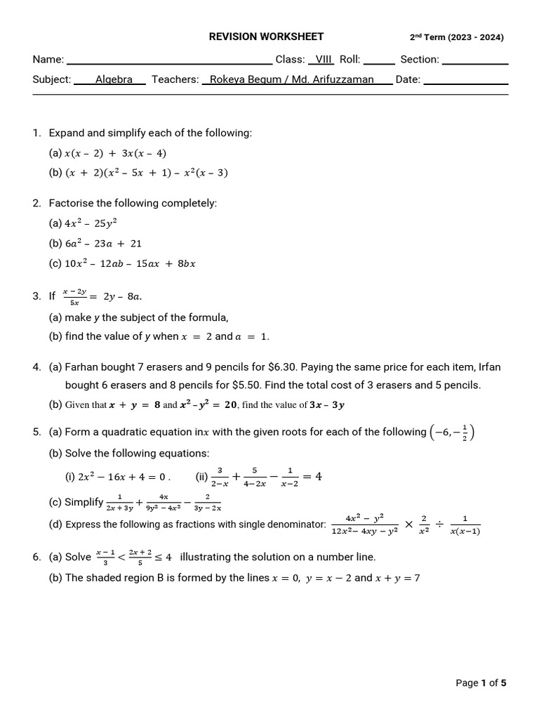 VIII-Algebra-Revision Worksheet (1) | PDF | Algebra | Factorization