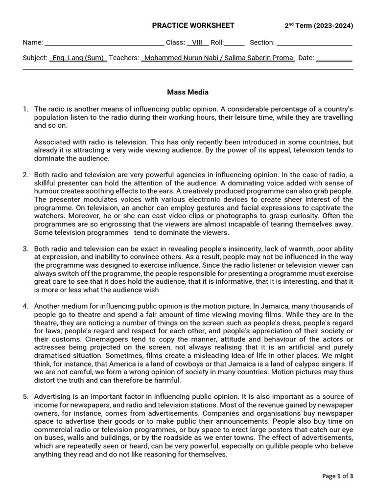 Mass Media Influence: Class VIII Worksheet | PDF | Advertising | Newspapers