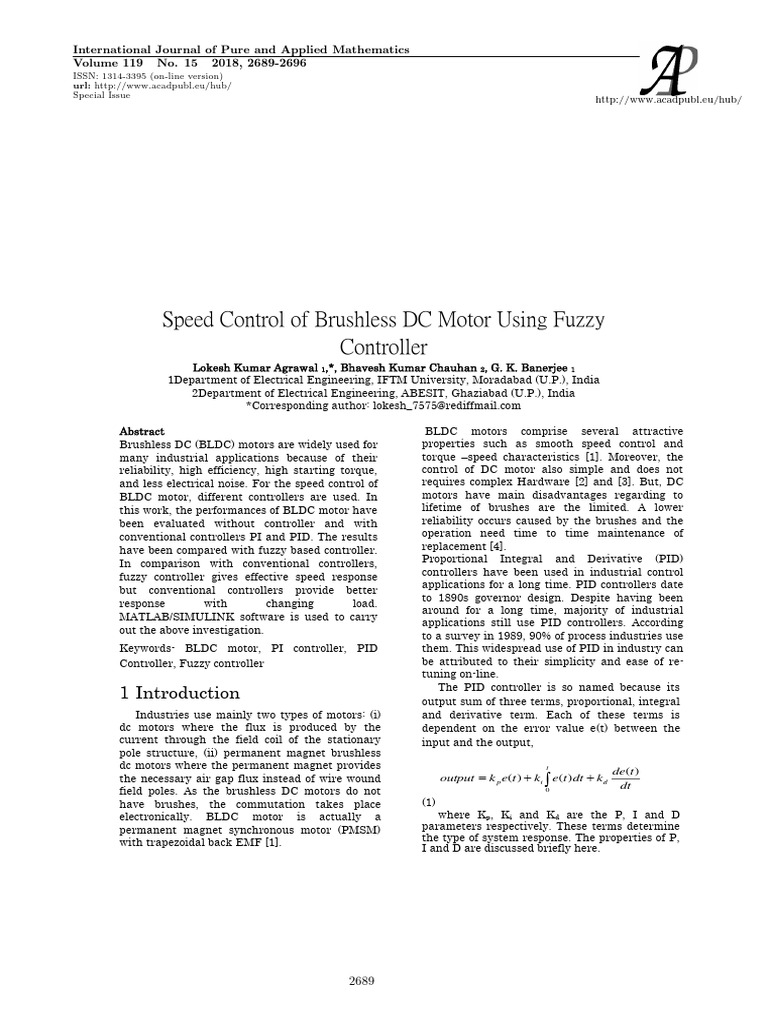 Speed Control of Brushless DC Motor Using Fuzzy Controller | PDF | Electric Motor | Control Theory