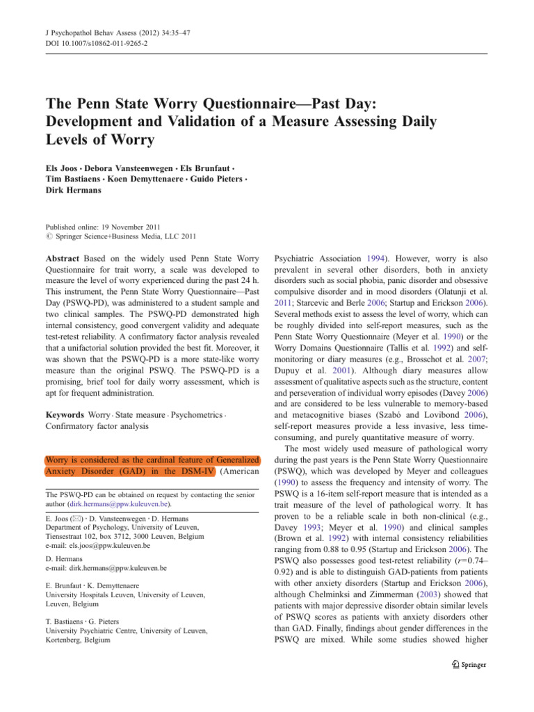 The Penn State Worry Questionnaire Pdf Mental Disorder Mood Disorders