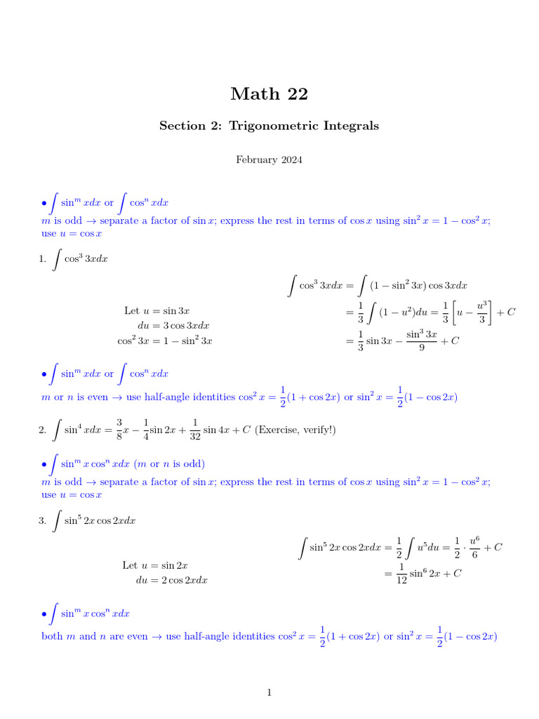 Math 2 Section 2 Trigonometric Integrals Pdf Trigonometric Functions Mathematical Relations