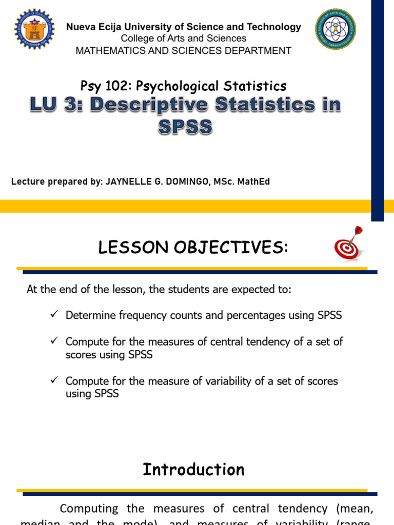 LU 3 Descriptive Statistics in SPSS | PDF | Variance | Statistics