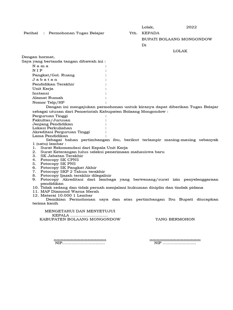 Surat Permohonan Tugas Belajar | PDF Surat Permohonan Tugas Belajar | PDF
