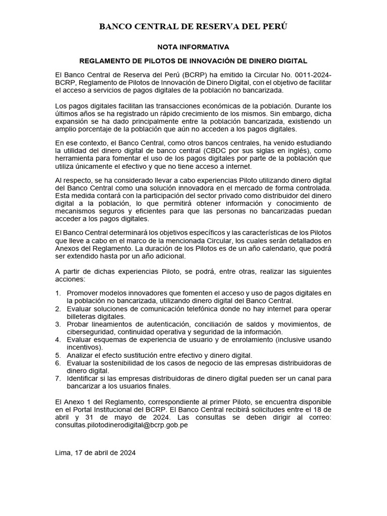 Nota Informativa 2024-04-17 | PDF | Bancos | Bancos centrales