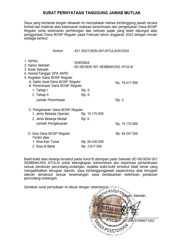 Surat Tanggung Jawab Dana BOSP 2023 | PDF | Pengelolaan Keuangan & Uang