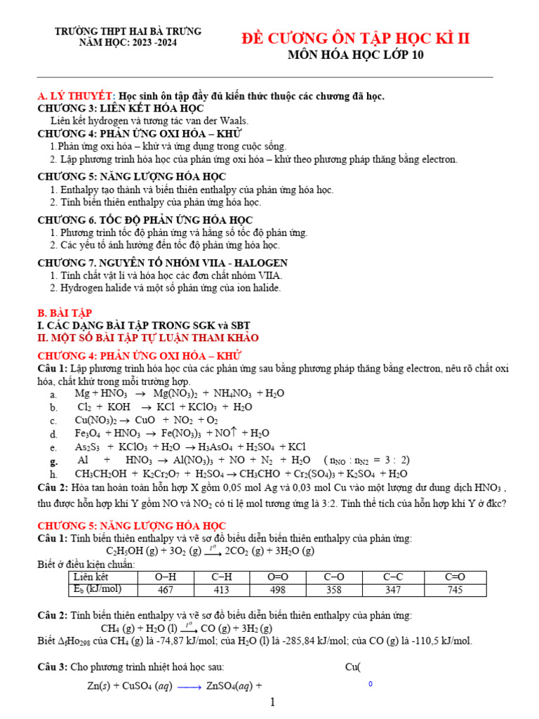 ĐỀ CƯƠNG ÔN TẬP HK2 HOA 10 nam hoc 2023 2024 | PDF