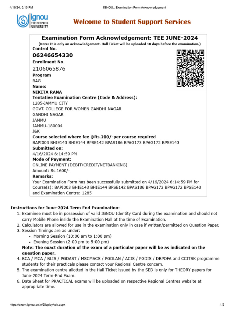 IGNOU - Examination Form Acknowledgement | PDF | Banking Technology ...