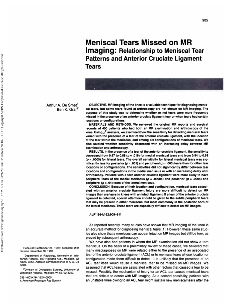 De Smet Graf 2013 Meniscal Tears Missed On MR Imaging Relationship To ...