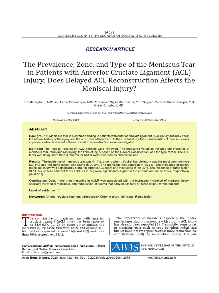 1 The Prevalence, Zone, and Type of The Meniscus Tear | Download Free ...