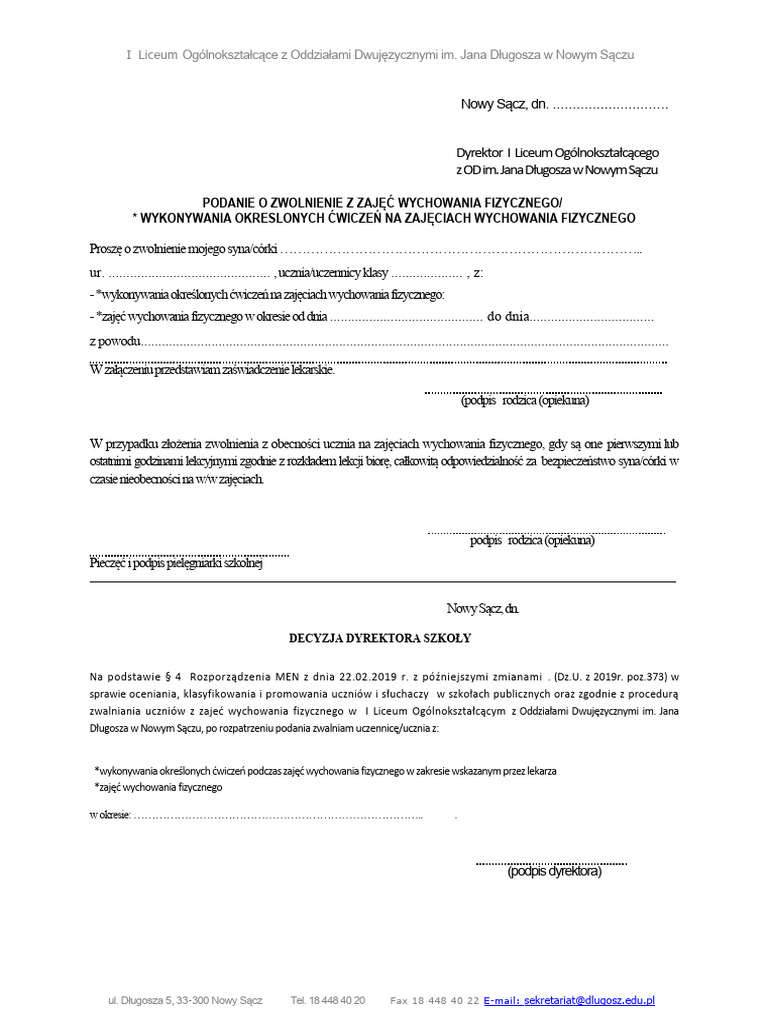 Zwolnienie Z Zajec Wychowania Fizycznego Nowe 11 | PDF