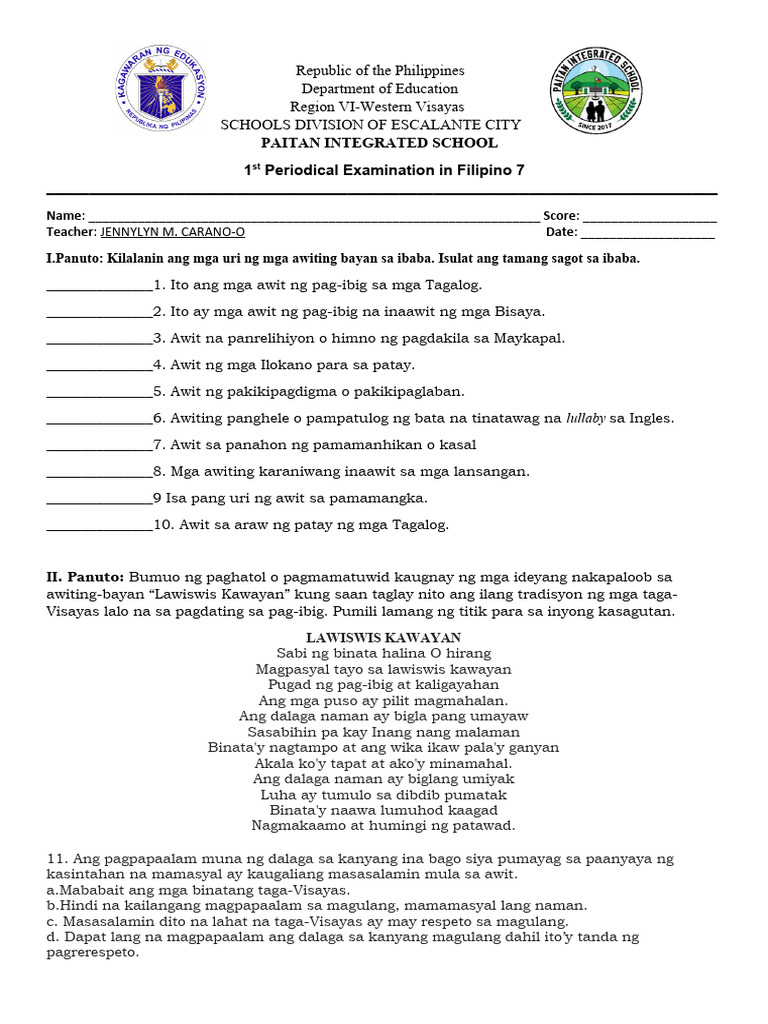 FILIPINO 7 Exam | PDF