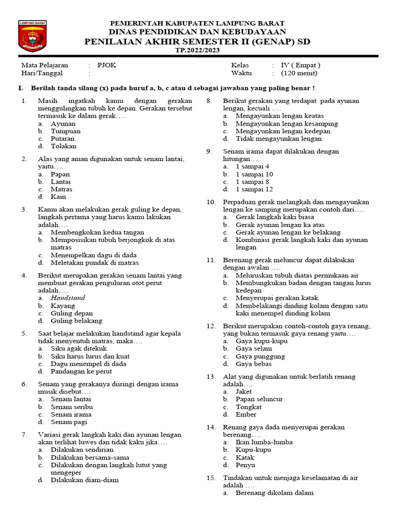 Soal PAS PJOK Kelas IV (Empat) Semester 2 | PDF