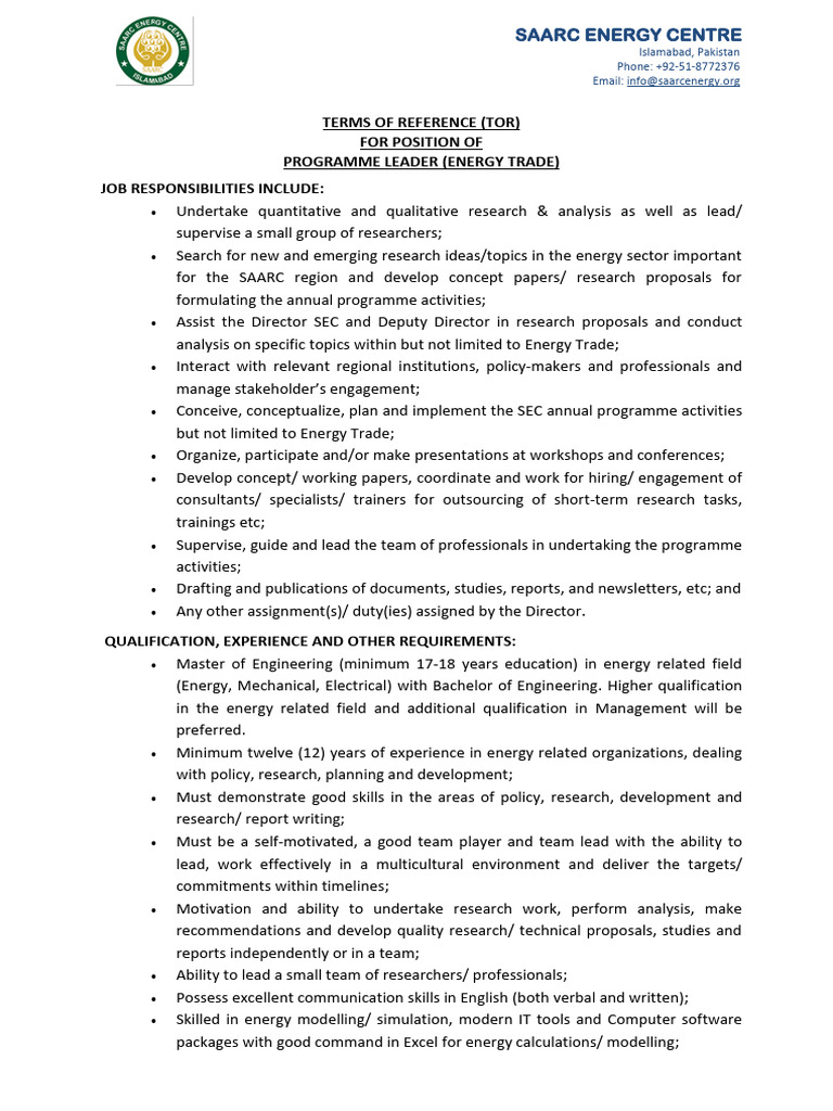 Programme Leader (Energy Trade) TOR | PDF | Application Software ...