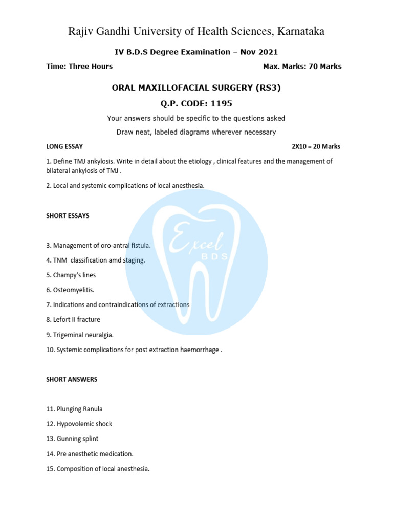 Oral Maxillofacial Surgery Exam Papers | PDF | Surgery | Oral And Maxillofacial Surgery