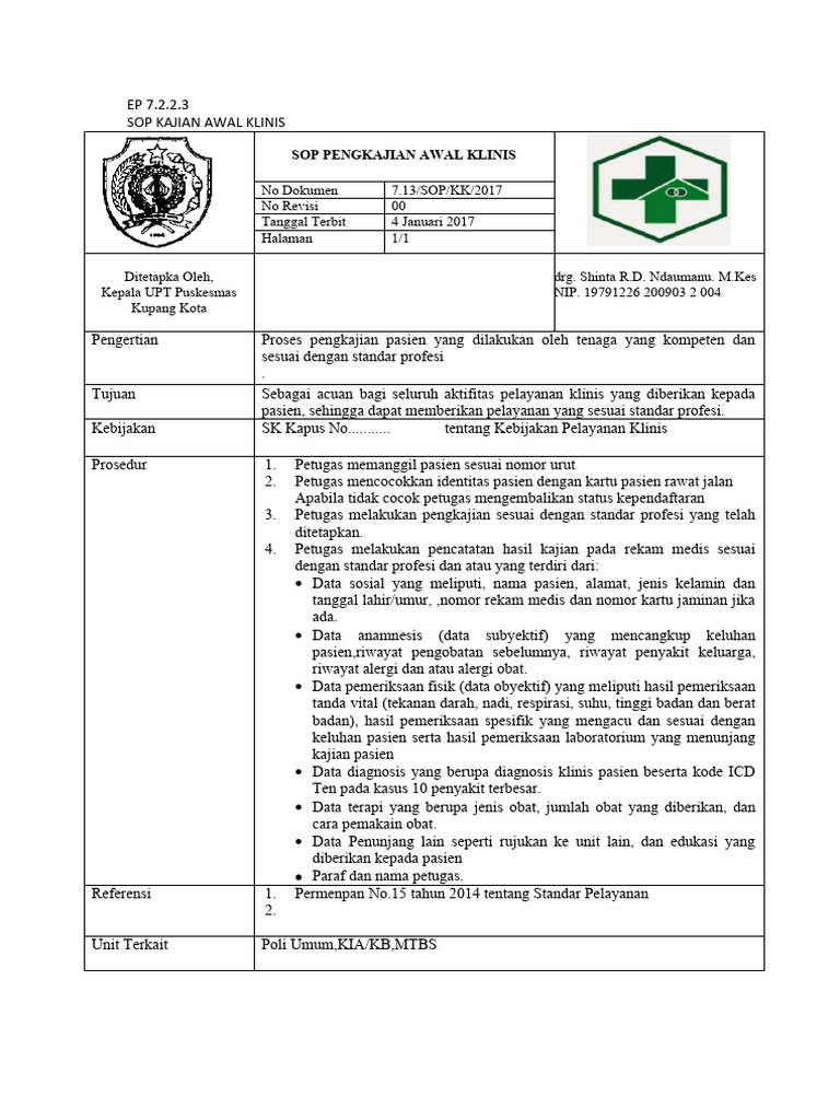 EP 7.2.2.3 SOP Kajian Awal Klinis | PDF | Pengembangan Diri | Kesehatan Holistik