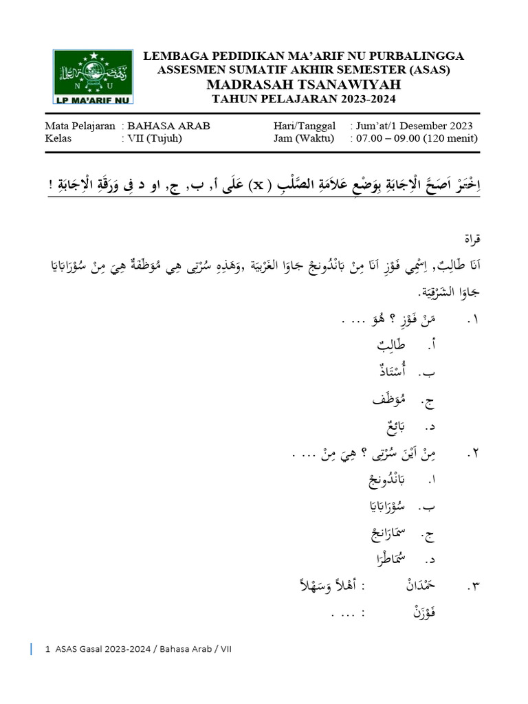 Soal ASAS B. Arab Kls 7 | PDF