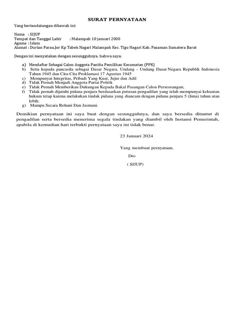 Surat - Pernyataan PPK Kpu Sijup | PDF
