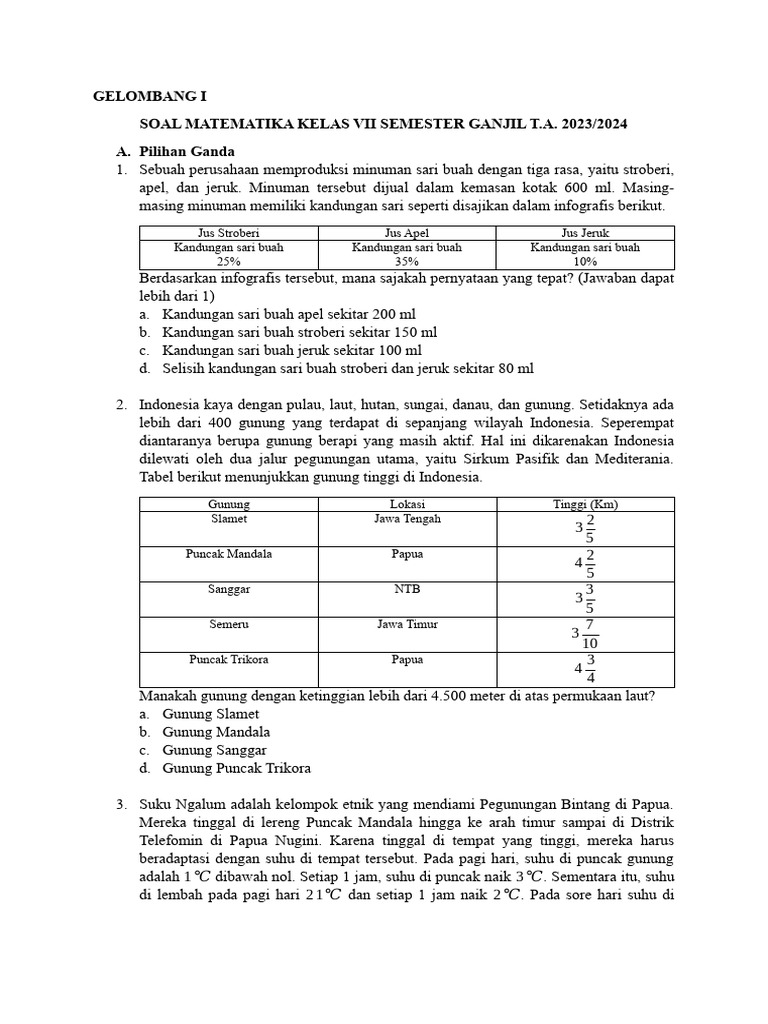 Gel I - Soal Matematika Kelas Vii Semester Ganjil | PDF