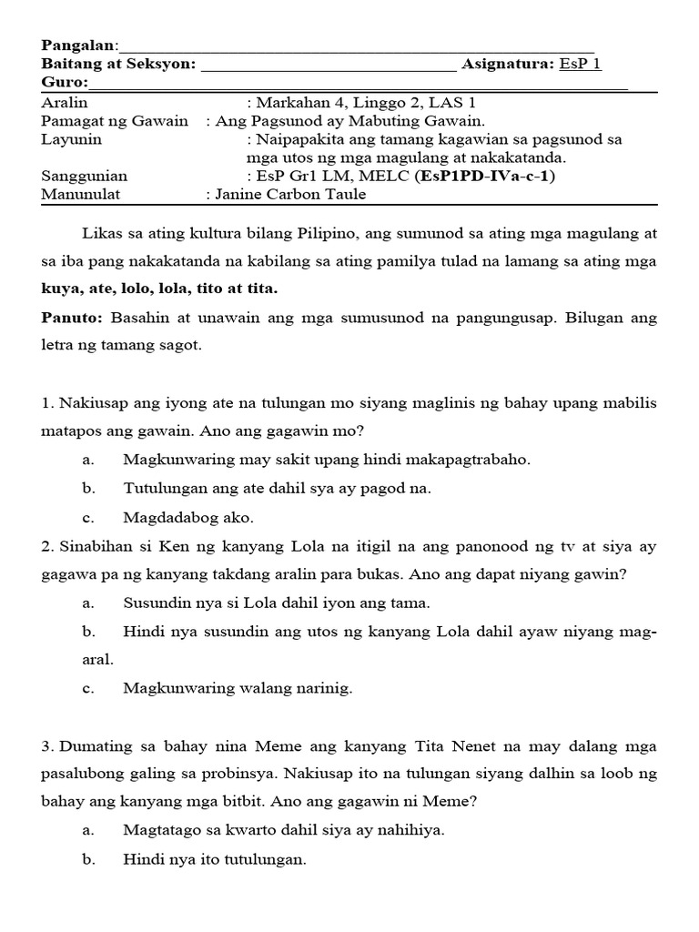 ESP1 Q4 Week 2 LAS 1 | PDF