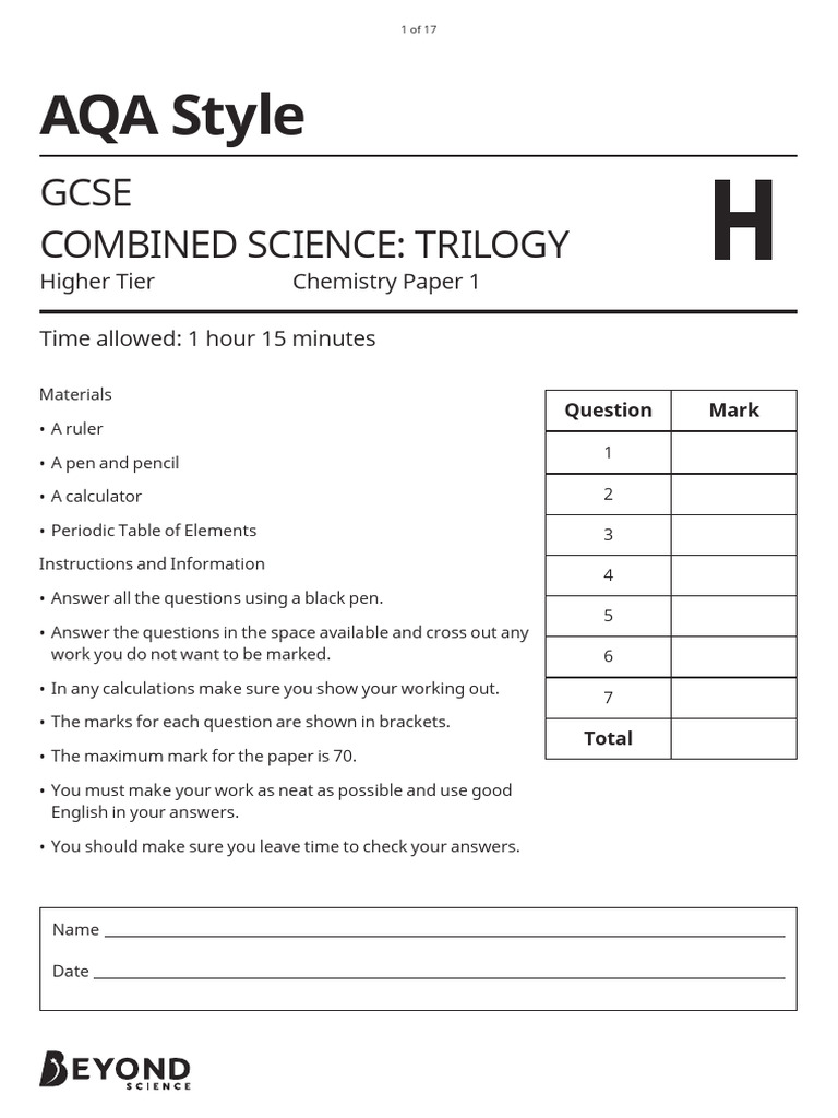 AQA GCSE Combined Science Chemistry Paper 1 Higher Question Paper | PDF ...
