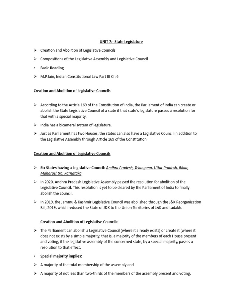 Class Lecture Notes-Unit 7 and 8 - State Legislature and Union ...