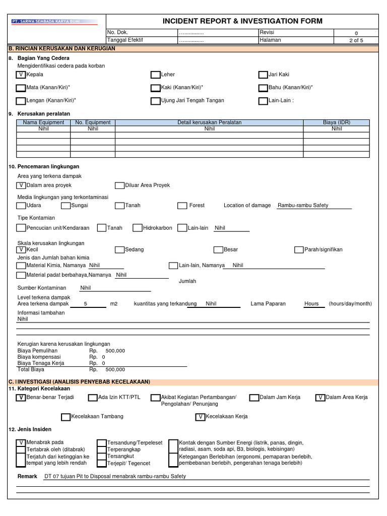 Incident Report & Investigation Form: B. Rincian Kerusakan Dan Kerugian 8. Bagian Yang Cedera | PDF