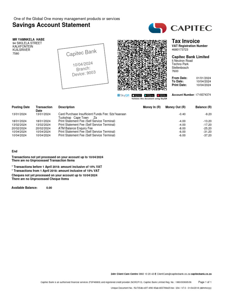 Capitec Bank Savings Account Statement | PDF | Cheque | Fee