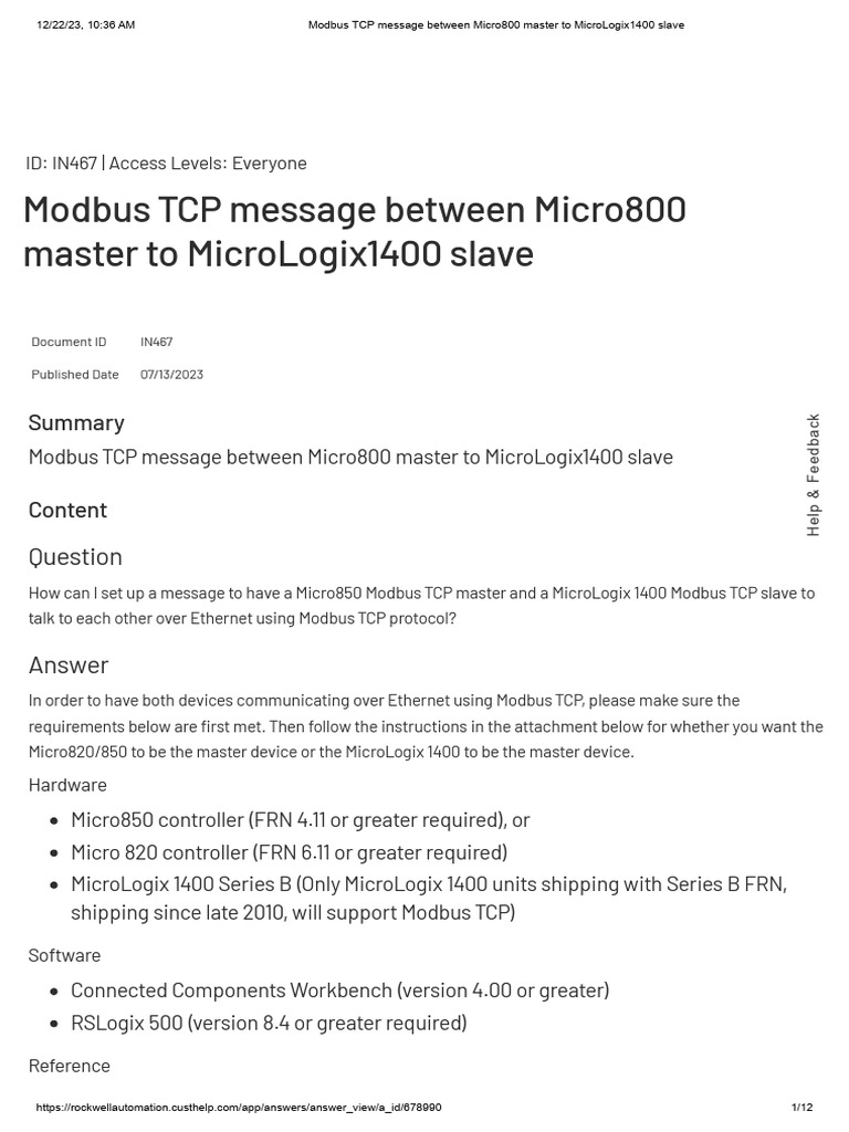 Modbus TCP Message Between Micro800 Master To MicroLogix1400 Slave ...