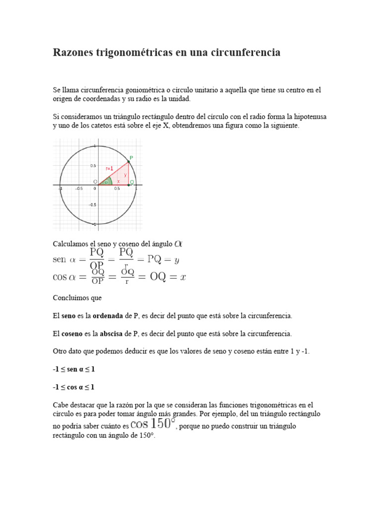 Razones Trigonométricas en Una Circunferencia | Descargar gratis PDF | Funciones trigonométricas ...