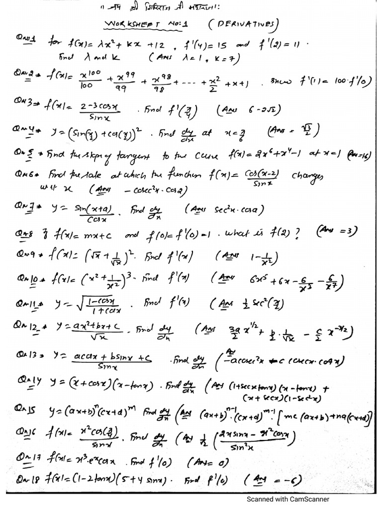 11th Derivatives Worksheet 1 (2022) | PDF