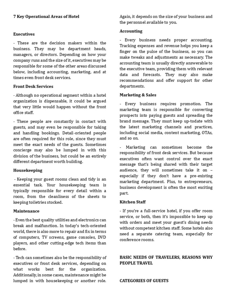 7 Key Operational Areas of Hotel | PDF | Hotel | Resort