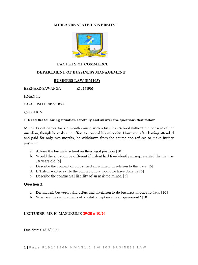 Bernard Sawanga BM105 Hman 1.2 Business Law Assignment | PDF | Misrepresentation | Legal Liability