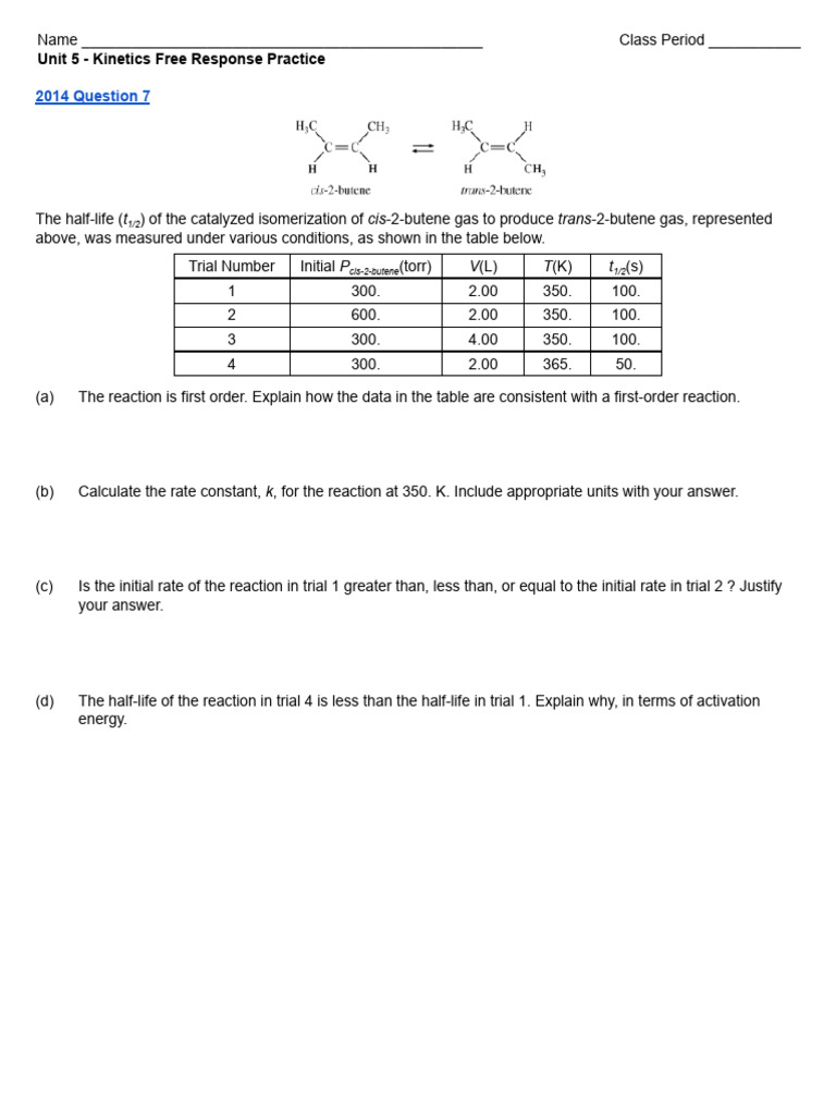 Unit 5 - Kinetics Free Response Practice | PDF | Reaction Rate ...
